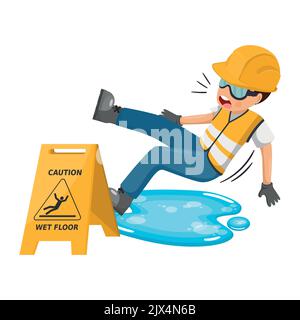 Industrial construction worker slipping on a puddle of water ...