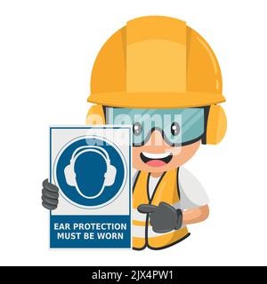 Industrial worker with mandatory use of earmuffs warning sign. Ear ...