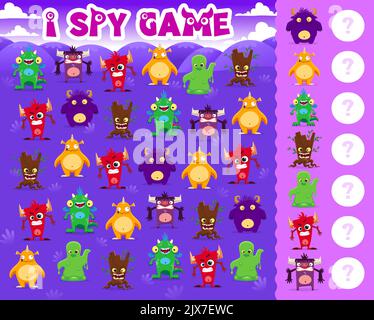 I spy educational game for kids with monster mouths, vector puzzle ...