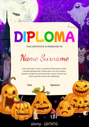 Kids diploma. Cartoon Halloween characters of mummy, Dracula vampire ...