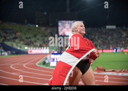 Ida Karstoft with her country's flag at the European Athletics ...