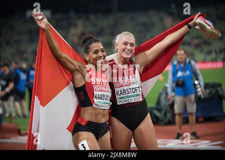 Mujinga Kambundji ,Ida Karstoft with her country's flag at the European ...