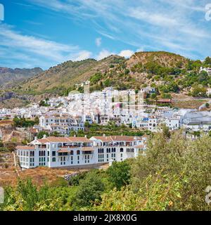 Frigiliana - the beautiful old city of Andalusia. Modern Church in the ...