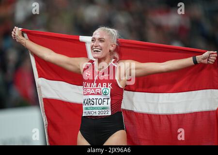 Ida Karstoft with her country's flag at the European Athletics ...