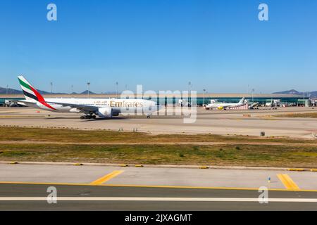 Emirates Airlines Boeing 777-200LR airplane Barcelona airport in Spain ...