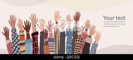 Togetherness banner with diverse people group holding hands. Vector ...