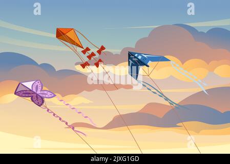 Group of kite soars in the sky flying colored toy vector illustration ...