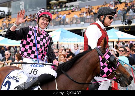 Jockey Jake Bayliss gestures after riding Looks Like Elvis to victory ...