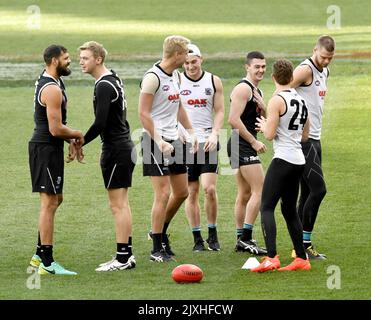 Port Adelaide players are seen during a training session at Alberton ...