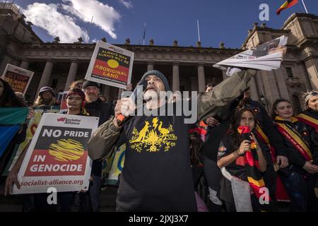 Robbie Thorpe talks during a NAIDOC week march in Melbourne, Friday ...