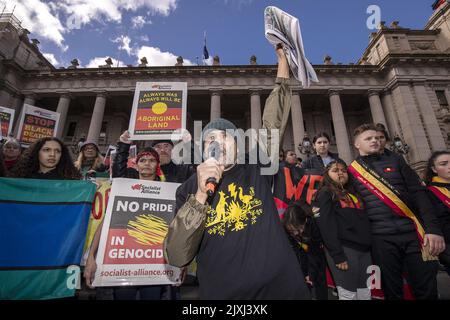 Robbie Thorpe talks during a NAIDOC week march in Melbourne, Friday ...