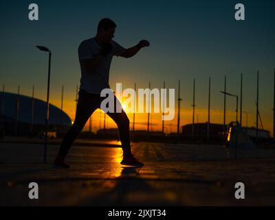 A man trains boxing at sunset outdoors Stock Photo - Alamy