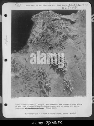 Bomb bursts on the airfield at Eleusis Airdrome, Athens, Greece, leave ...