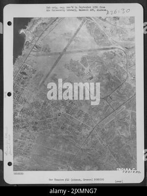 Bomb damage at Kalamaki Airdrome, Athens, Greece, after a raid by ...