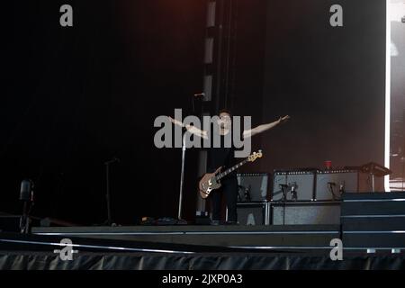 Royal Blood are seen playing on the main stage at the Leeds Festival ...