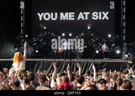 You Me At Six are seen playing on the main stage of the Leeds Festival ...