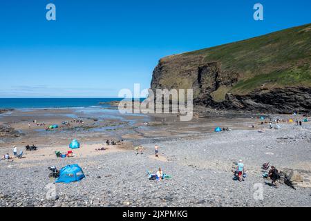 View of Crackington Haven Beach with holidaymakers enjoying the sun and ...