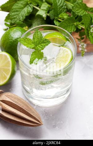 Mojito cocktail ingredients and drinks utensils. On stone table flat ...