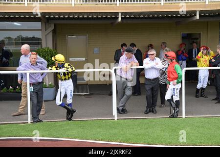 Jockey Jenny Duggan is seen in the mounting yard after riding Gumshoe ...