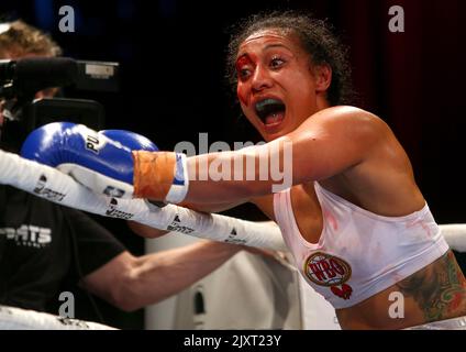 Boxer Baby Nansen looks on during her bout with Deanha Hobbs during the ...