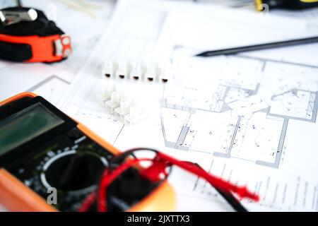 Making repairs,planning electricity project in house.Drawings,diagrams ...