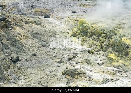 tephra soil with yellow deposits of sulfur minerals in the area of ...