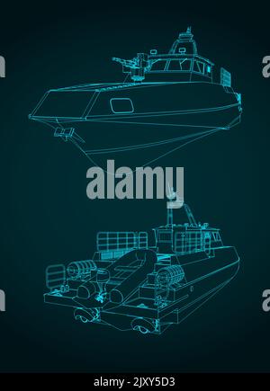 Stylized vector illustrations of military patrol boat blueprints Stock ...