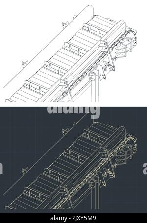Stylized vector illustrations of conveyor chain isometric blueprints ...