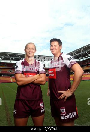 Maroons players Meg Ward and Heather Ballinger pose for a photo at a ...