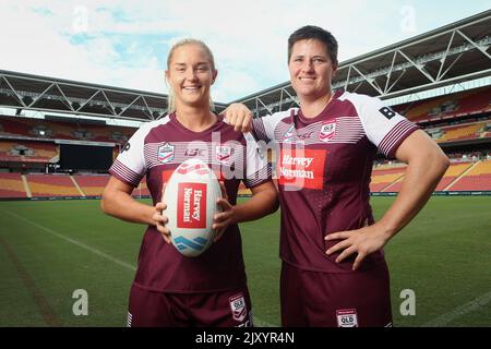 Maroons players Meg Ward and Heather Ballinger pose for a photo at a ...