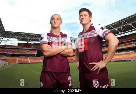 Maroons players Meg Ward and Heather Ballinger pose for a photo at a ...