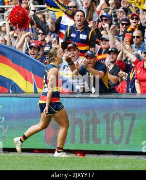 Danielle Ponter of the Adelaide Crows celebrates a goal during the AFLW ...