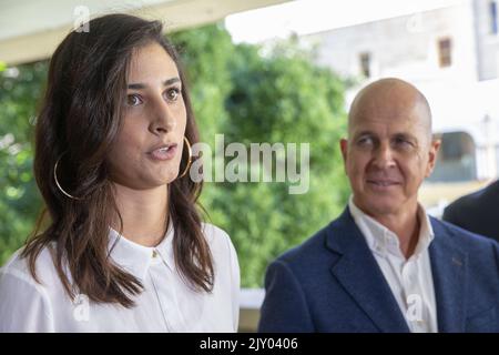 Lamisse Hamouda, daughter of Hazem Hamouda is seen speaking to media at ...