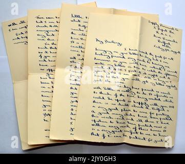 An antique, 1940's handwritten love letter of four sheets of notepaper ...