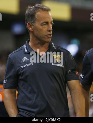 Hawks head coach Alastair Clarkson meets Gilbert McAdam during the ...