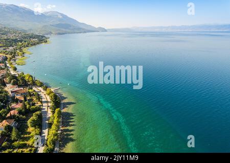 Aerial view of Lagadin village by Ohrid lake in North Macedonia in ...