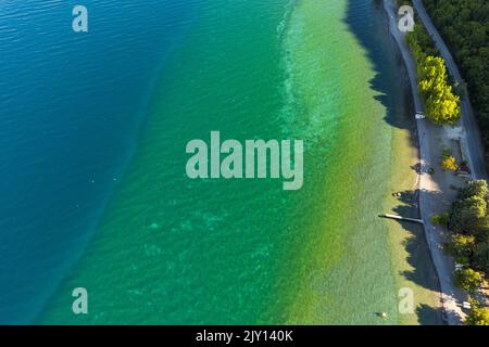Different colors of blue in Ohrid lake in Summer of bird view Stock ...