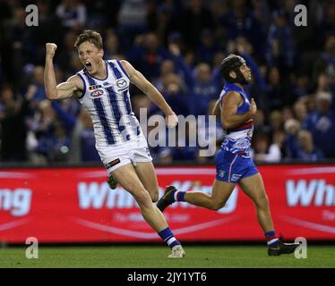 Nick Larkey of the Kangaroos celebrates a goal during the Round 10 AFL ...