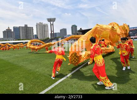 Chinese performers are seen before the start of the Round 11 AFL match ...