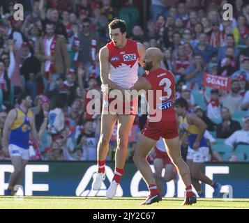 Tom McCartin of the Swans celebrates after kicking a goal during the ...