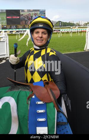 Jockey Jenny Duggan is seen in the mounting yard after riding Mixed ...