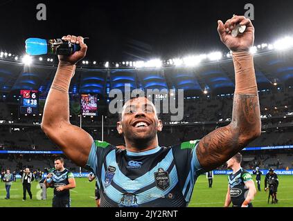 Josh Addo-Carr of the Blues reacts with Blake Ferguson following Game 2 ...