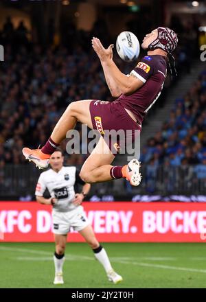 Kalyn Ponga of the Maroons contests a high ball during Game 2 of the ...