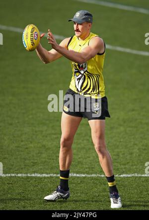 Ivan Soldo of the Tigers runs with the ball during an AFL Richmond ...