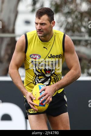 Toby Nankervis of the Tigers runs with the ball during a Richmond ...