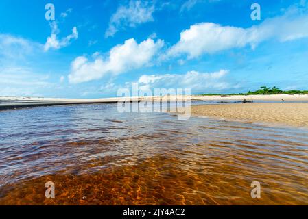 Reddish water of a river against the blue sky. Guaibim beach, coast of ...