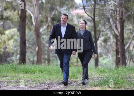 Victorian MP Will Fowles, with his wife Jessica, speaks to the media ...