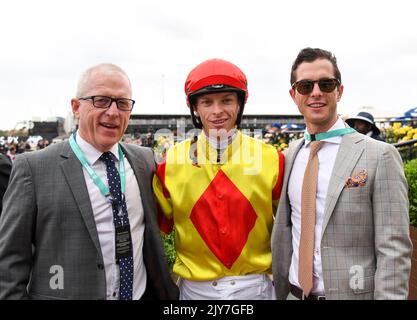 Trainers Mick Price and Michael Kent (jnr) pose after Shezawitness won ...