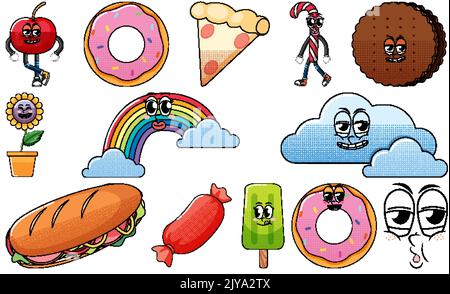 Set of objects and foods cartoon characters illustration Stock Vector ...