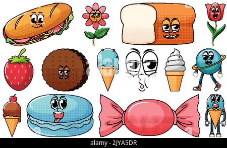 Set of objects and foods cartoon characters illustration Stock Vector ...